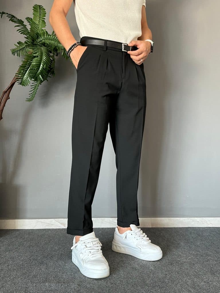 Beli Kemerli Pileli Siyah Double Paça Pantolon – The Man Giyim