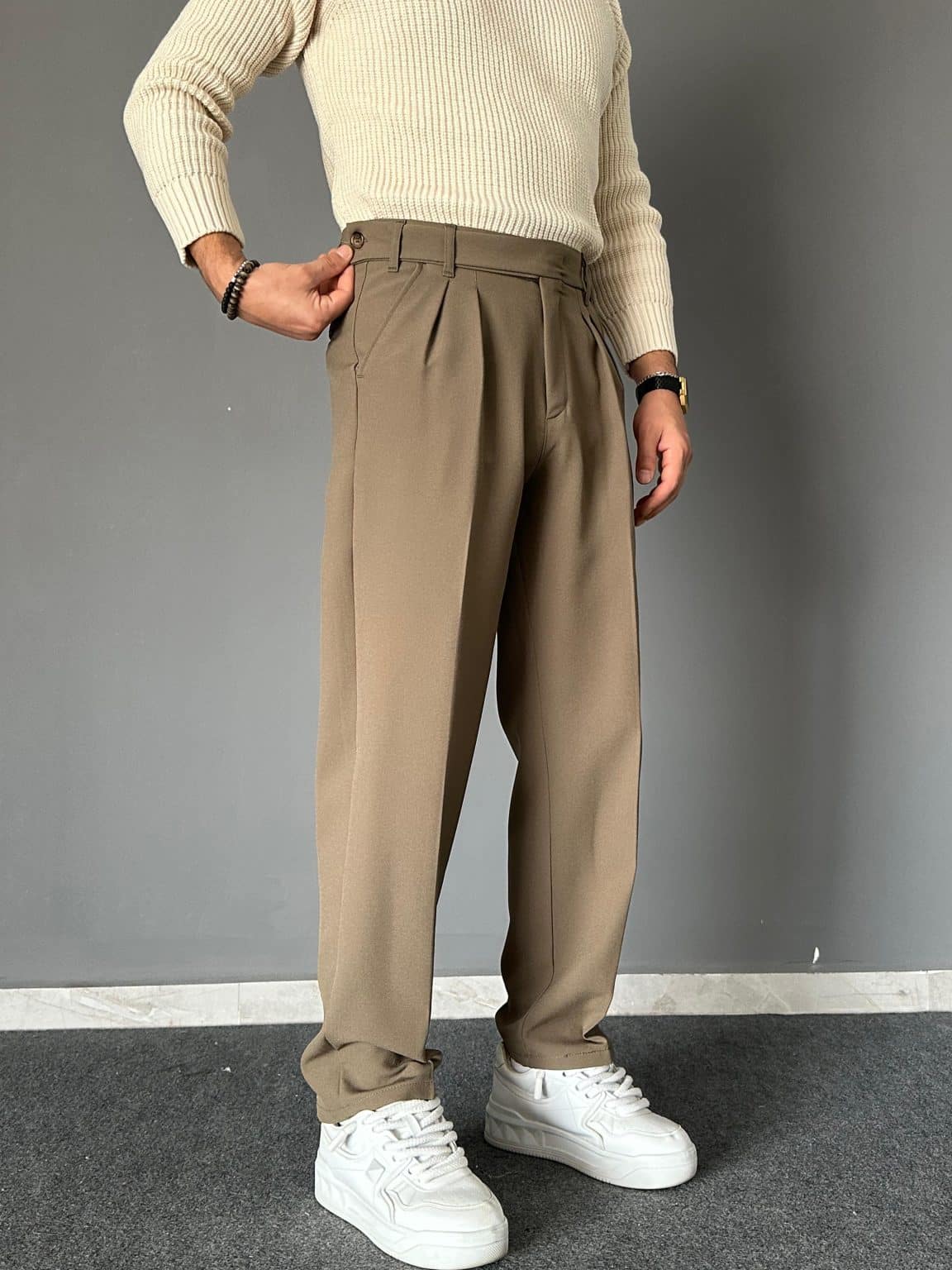 Uzun Dil Detaylı Pileli Haki Baggy Pantolon – The Man Giyim