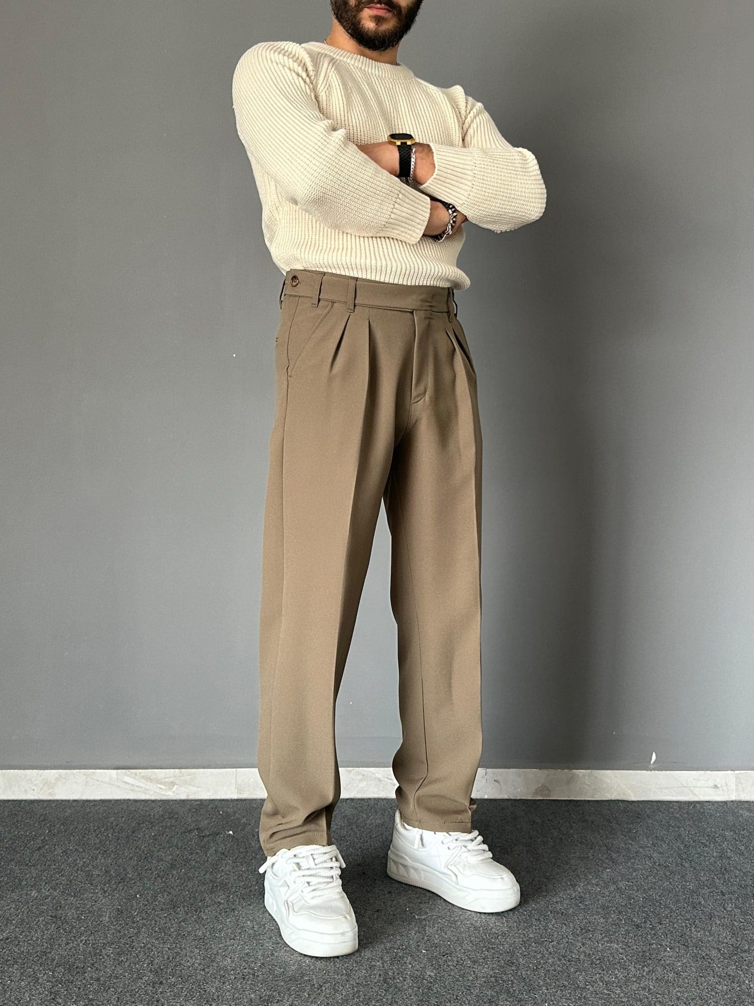 Uzun Dil Detaylı Pileli Haki Baggy Pantolon – The Man Giyim