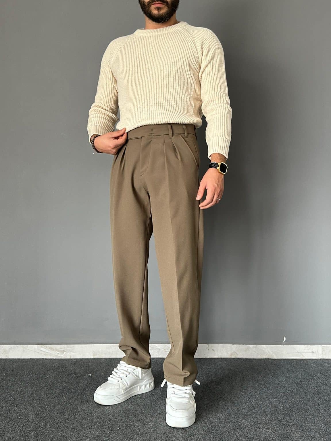 Uzun Dil Detaylı Pileli Haki Baggy Pantolon – The Man Giyim